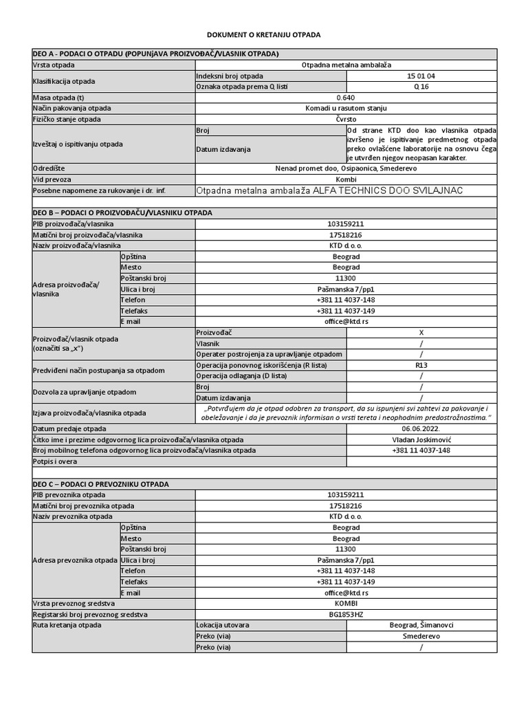 Otpadna Metalna Ambalaža ALFA TECHNICS DOO SVILAJNAC | PDF