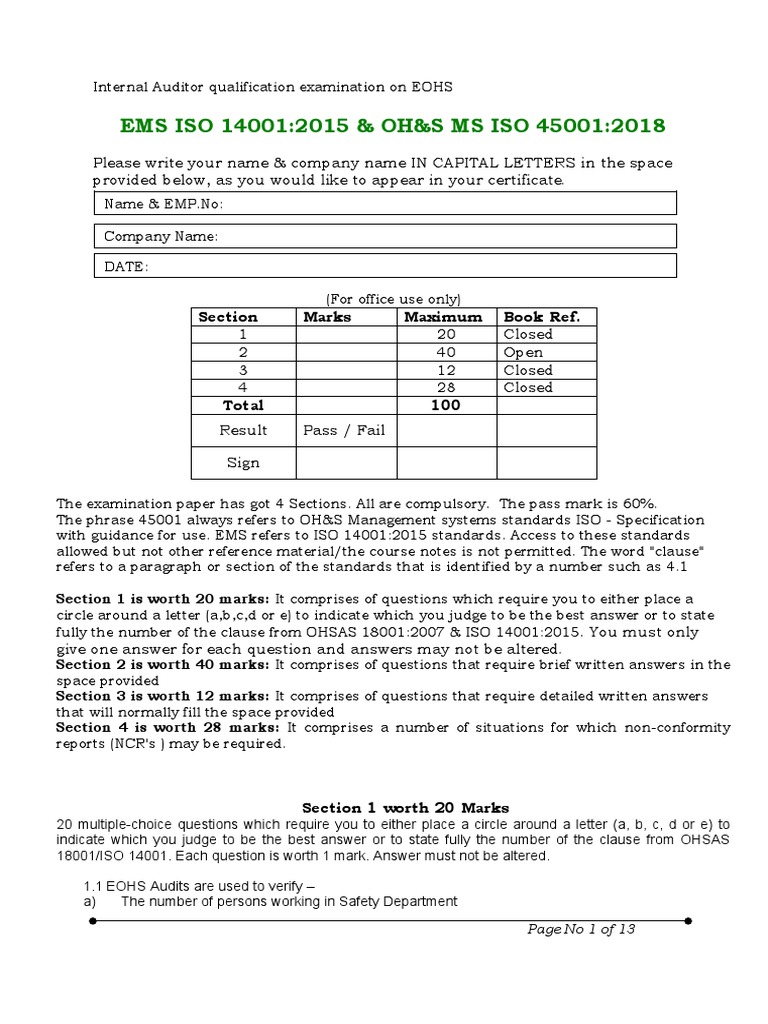 EMS ISO 14001:2015 & OH&S MS ISO 45001:2018: Section Marks Maximum Book Ref | PDF | Audit ...