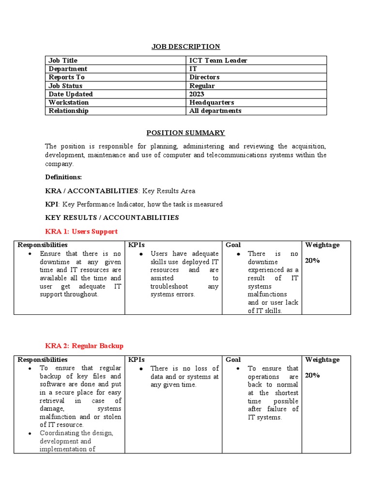 ICT Team Leader JD | PDF