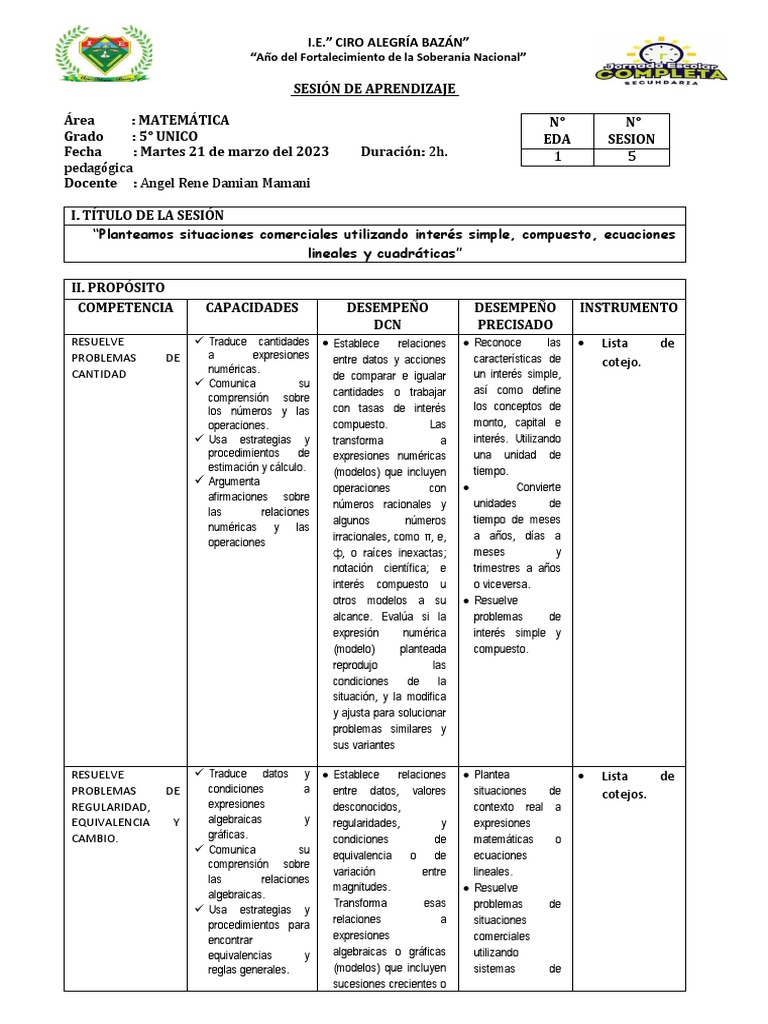 Angel - E1 - S5 - 5°sec - Mate - Jueves 23 - 03 - 23 | PDF | Ecuaciones | Evaluación