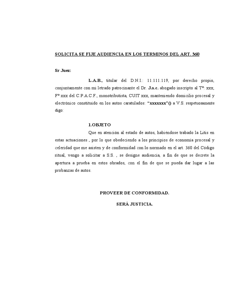 Solicita Se Fije Audiencia en Los Terminos Del Art. 360 SR Juez: L.A.B ...