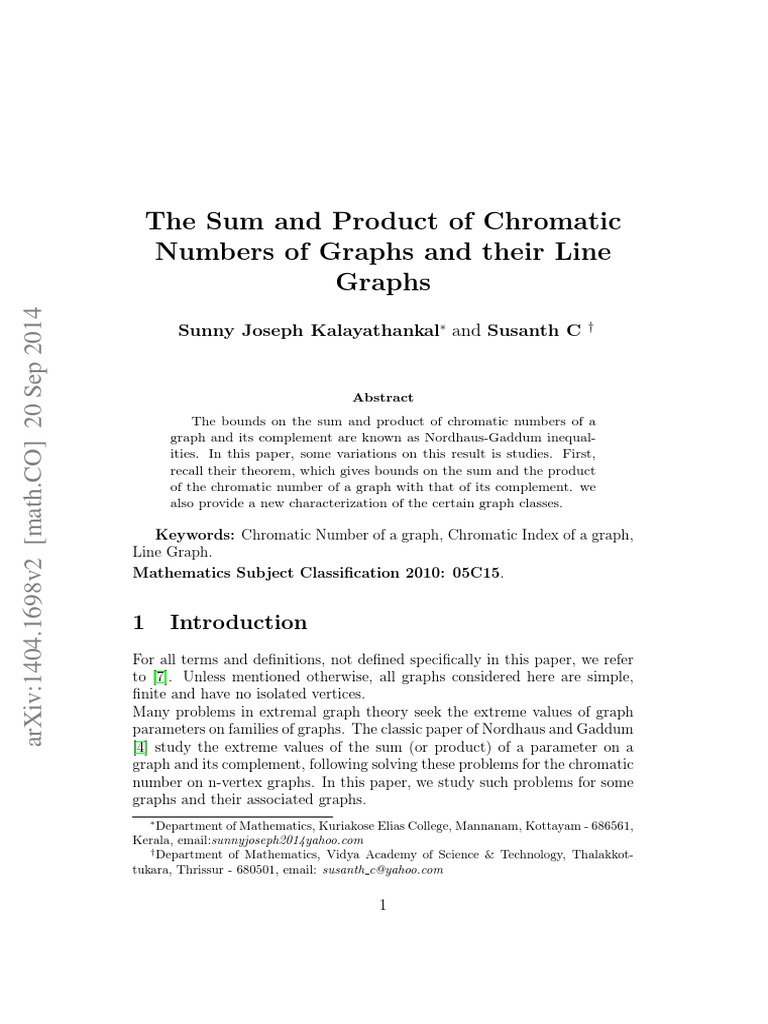 The Sum and Product of Chromatic Numbers of Graphs and Their Line Graphs | PDF | Combinatorics ...