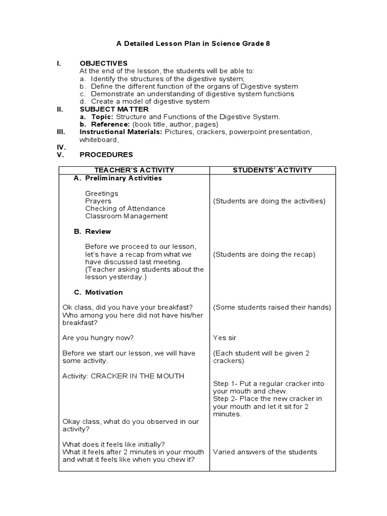 Digestive System Lesson Plan for Grade 8 | PDF | Stomach | Human ...