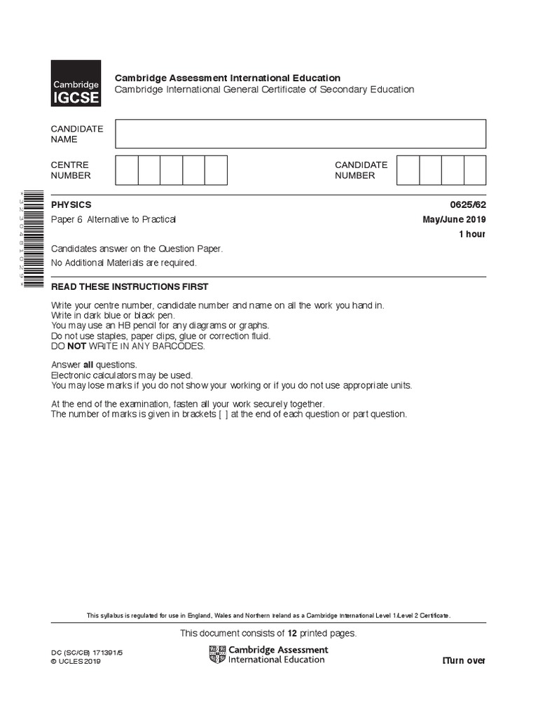 CI GCSE 0624 - 62 Physics June 2019 | PDF