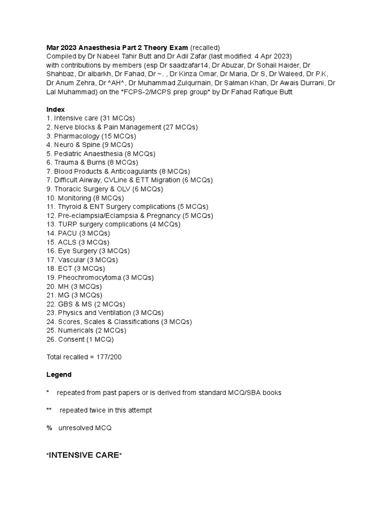 Anaes FCPS 2 Mar 2023 Recalled Paper (Edited With Keys) Latest | PDF ...