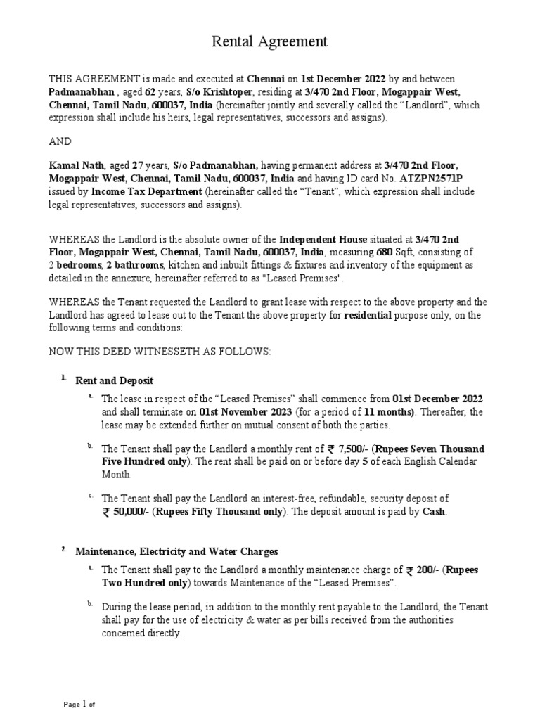 Rental Agreement English | PDF | Lease | Leasehold Estate