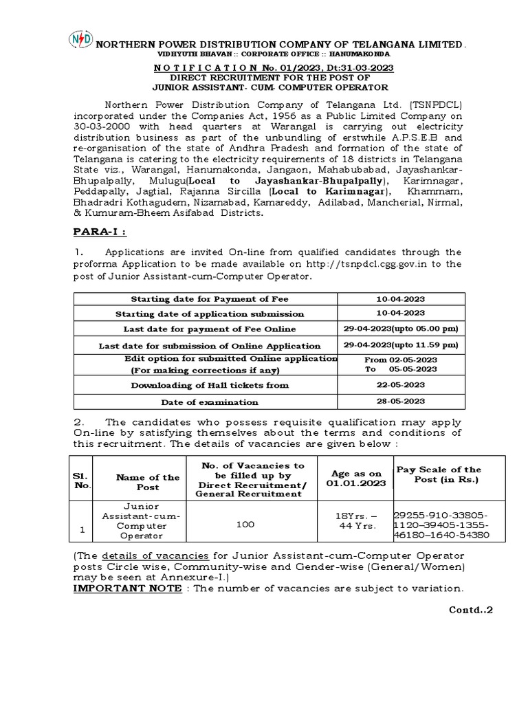 Notification TSNPDCL JR Asst Cum Computer Operator Posts | PDF