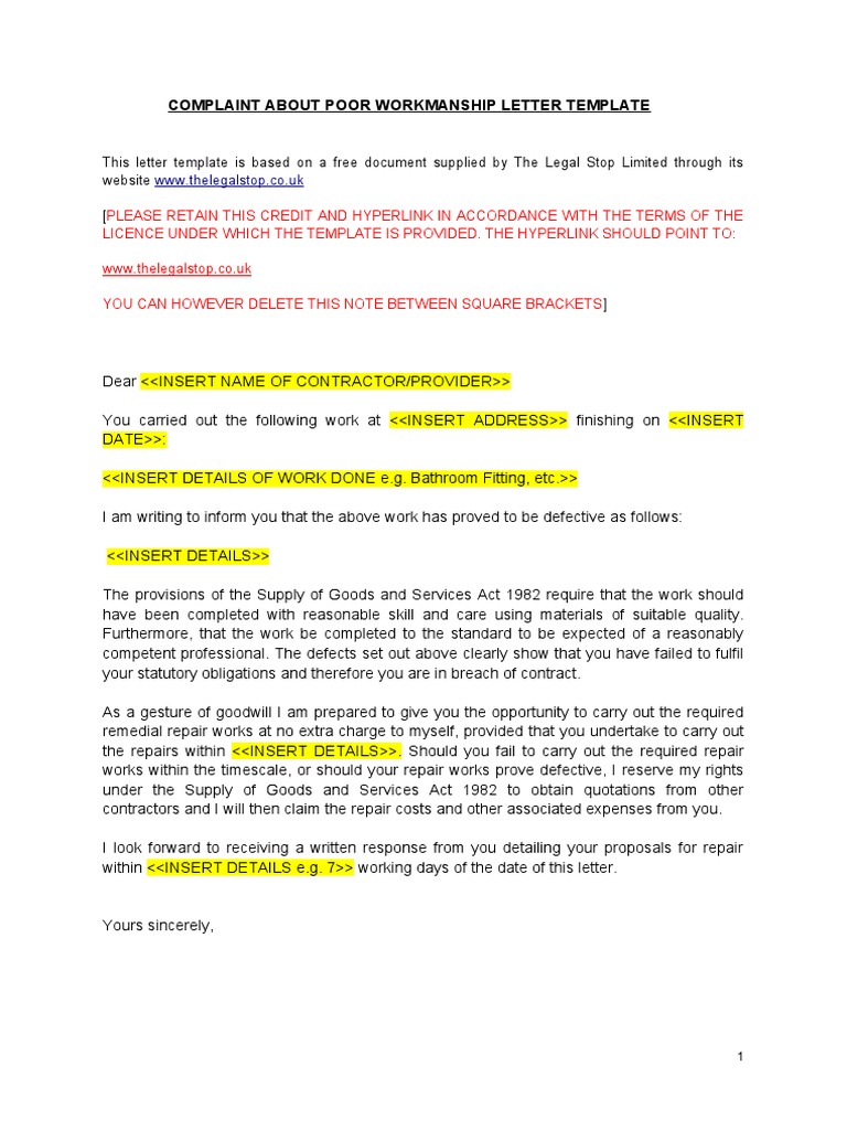Complaint About Poor Workmanship Letter Template | PDF