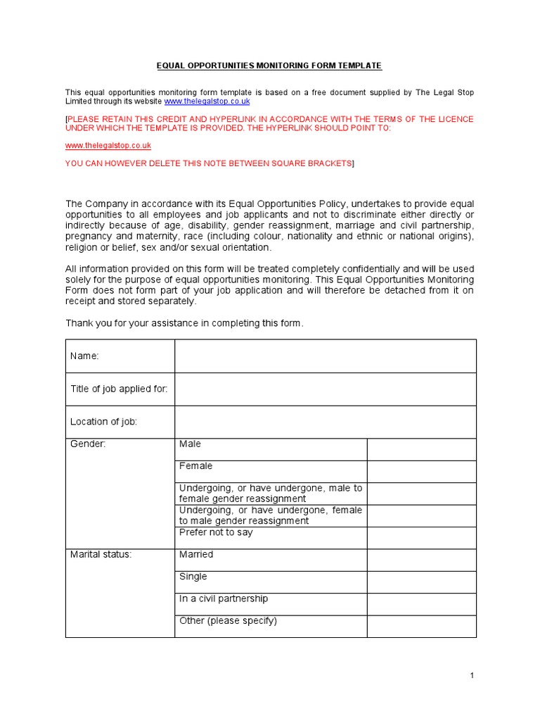 Equal Opportunities Monitoring Form Template | Download Free PDF ...
