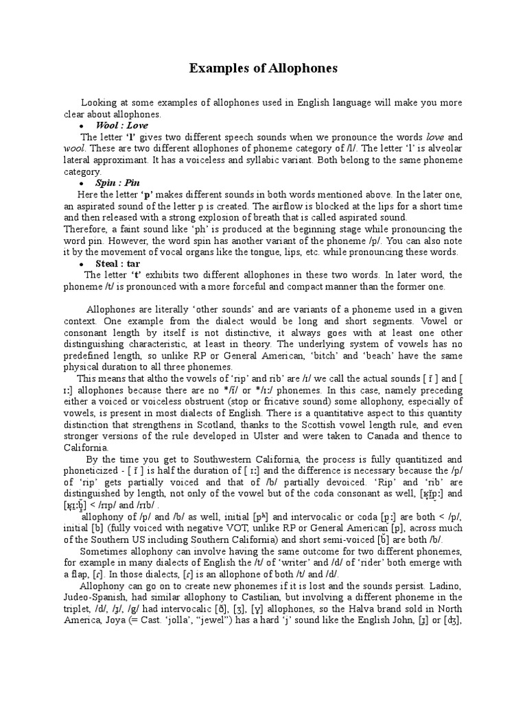Examples of Allophones: Wool: Love | PDF | Phoneme | Linguistics
