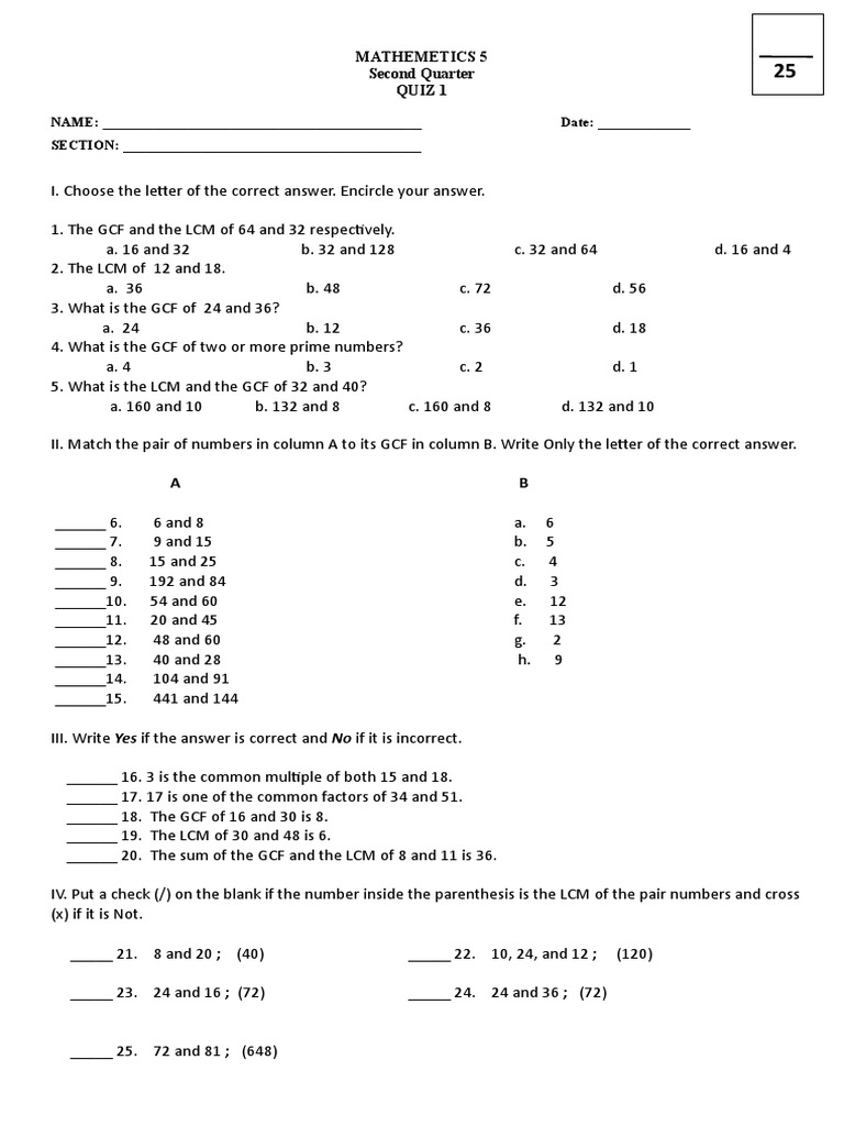 Quiz 1 - Q2-Math 5 | PDF | Elementary Mathematics | Mathematics