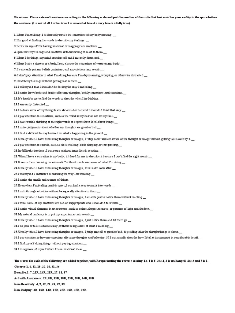 Five Facet Mindfulness Questionaire | PDF | Feeling | Thought