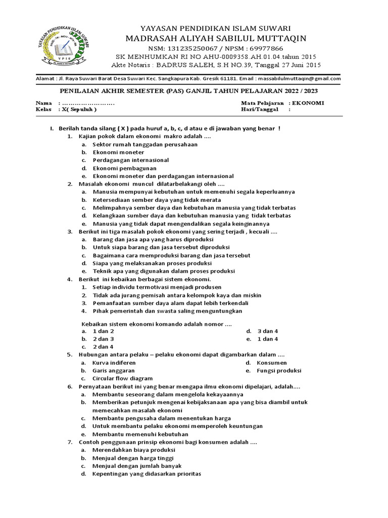 Soal PAT Kls X Ekonomi | PDF | Bisnis | Seni