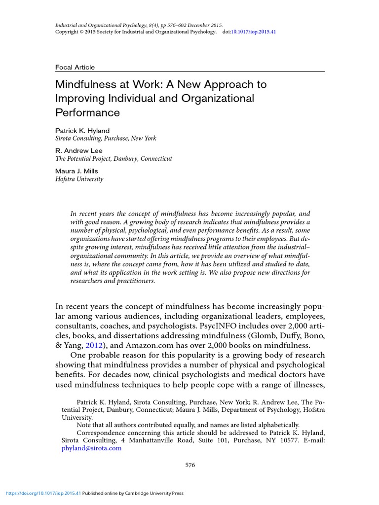 Mindfulness at Work A New Approach To Improving Individual and Organizational Performance ...