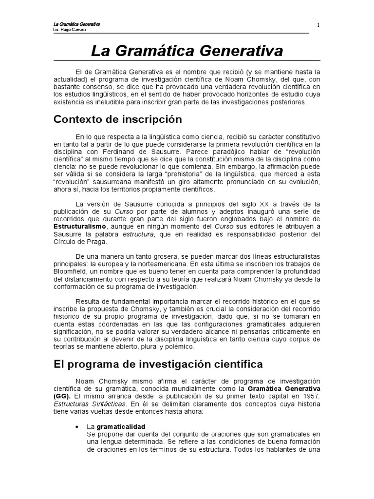 Una introducción a la Gramática Generativa de Noam Chomsky: sus ...