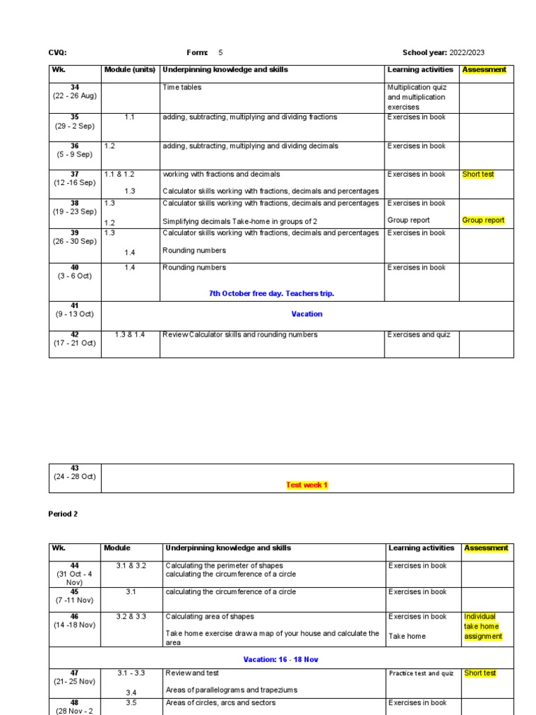 Math Year Planning Form 5 CVQ 22-23 | PDF | Area | Multiplication
