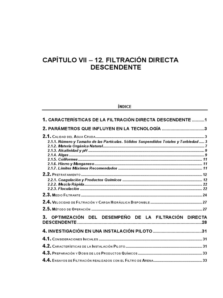 Capítulo Vii - 12. Filtración Directa Descendente: Ndice | PDF | Filtración | Agua