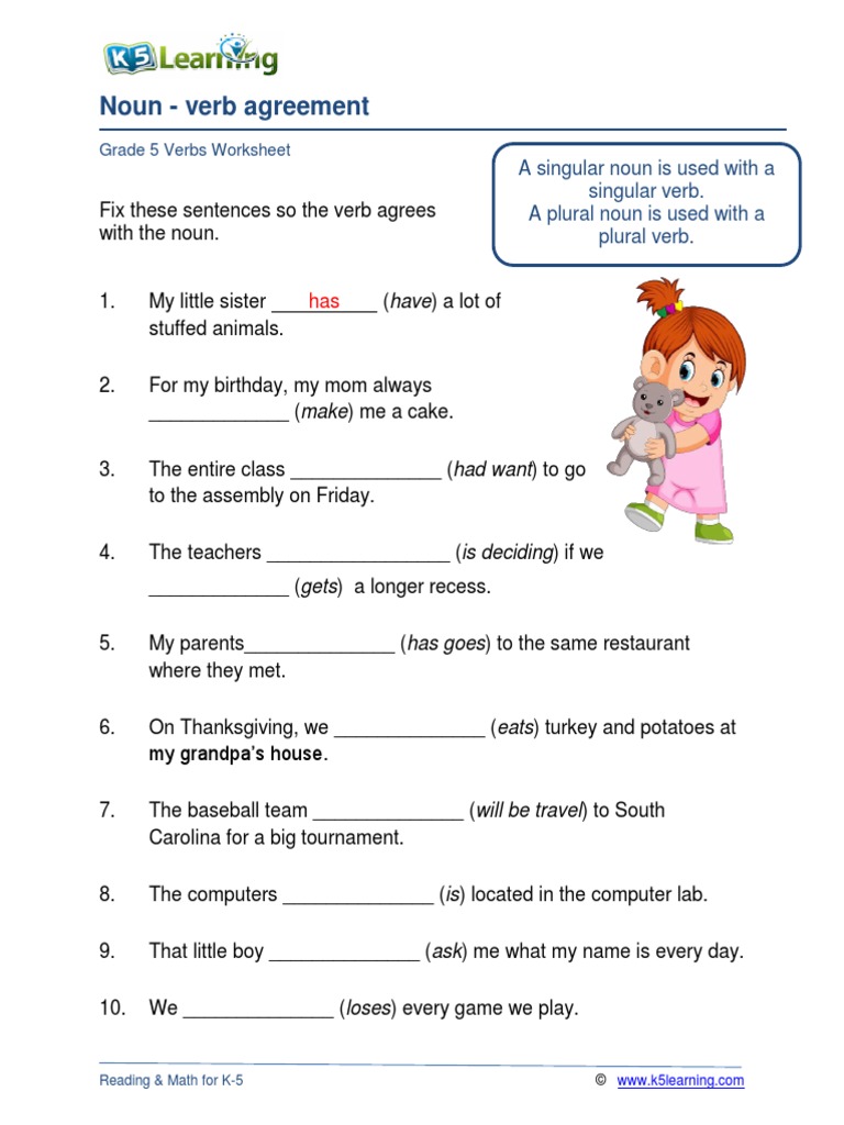Noun - Verb Agreement: Grade 5 Verbs Worksheet | PDF