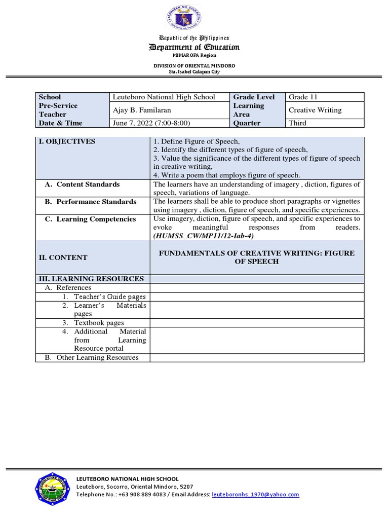 Grade 11 Lesson Plan: Figures of Speech | PDF | Poetry | Metaphor