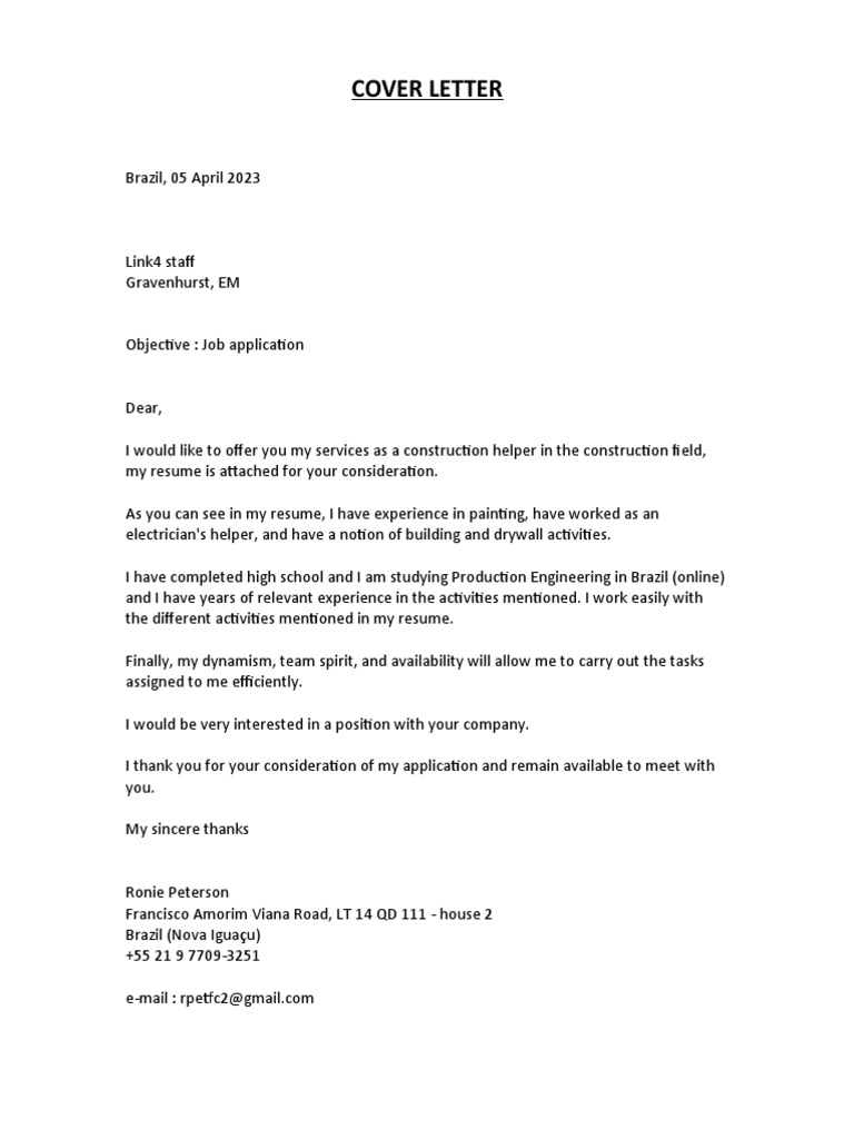 Cover Letter - Construction Helper | PDF
