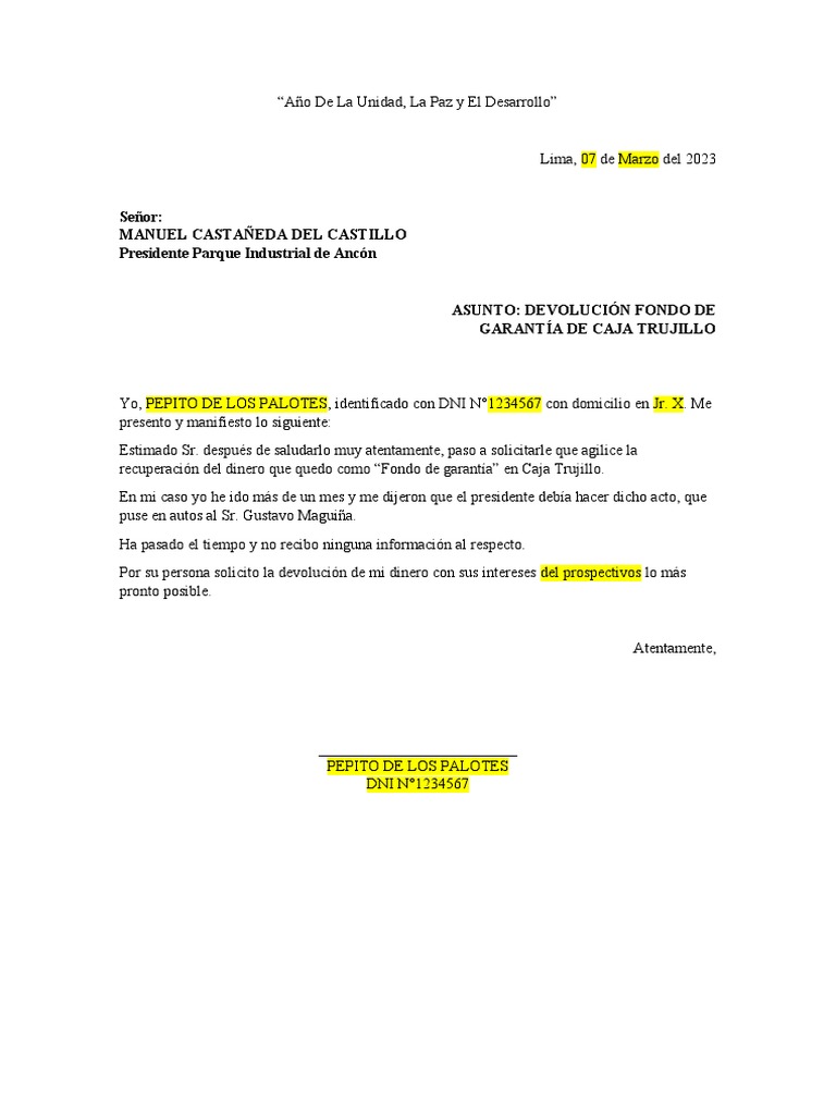 Modelo de Solicitud Devolucion de Fondo de Garantia | PDF