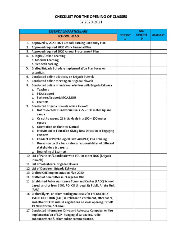 Checklist For The Opening of Classes | Download Free PDF | Educational ...