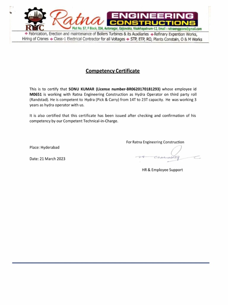 Competency Certificate - Sonu Kumar | PDF