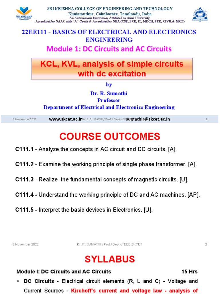 Module 1: DC Circuits and AC Circuits: KCL, KVL, Analysis of Simple Circuits With DC Excitation ...