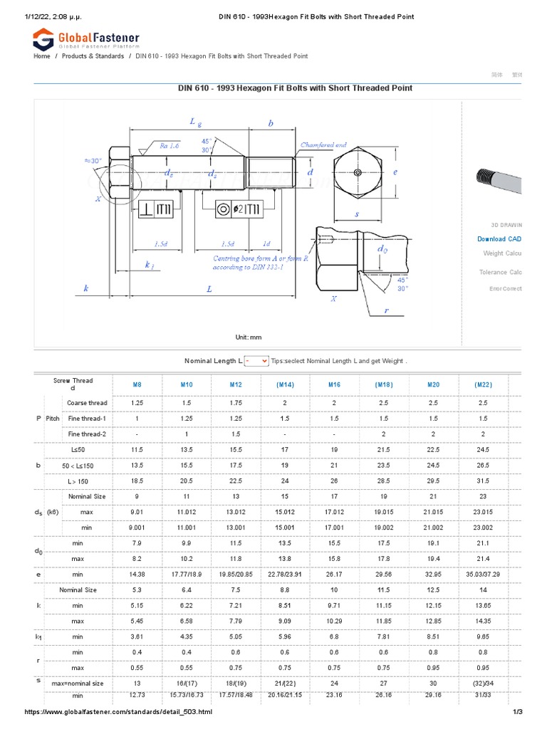 DIN 610 - 1993hexagon Fit Bolts With Short Threaded Point | PDF