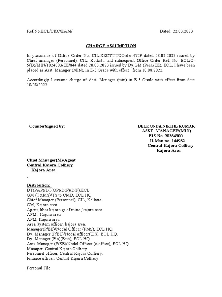 Charge Assumption Report for Asst. Manager | PDF | Technology & Engineering