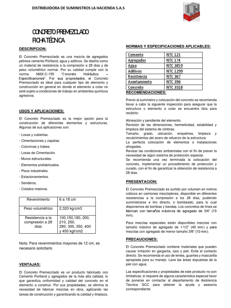 Concreto Premezclado Ficha Tecnica | PDF | Hormigón | Cemento
