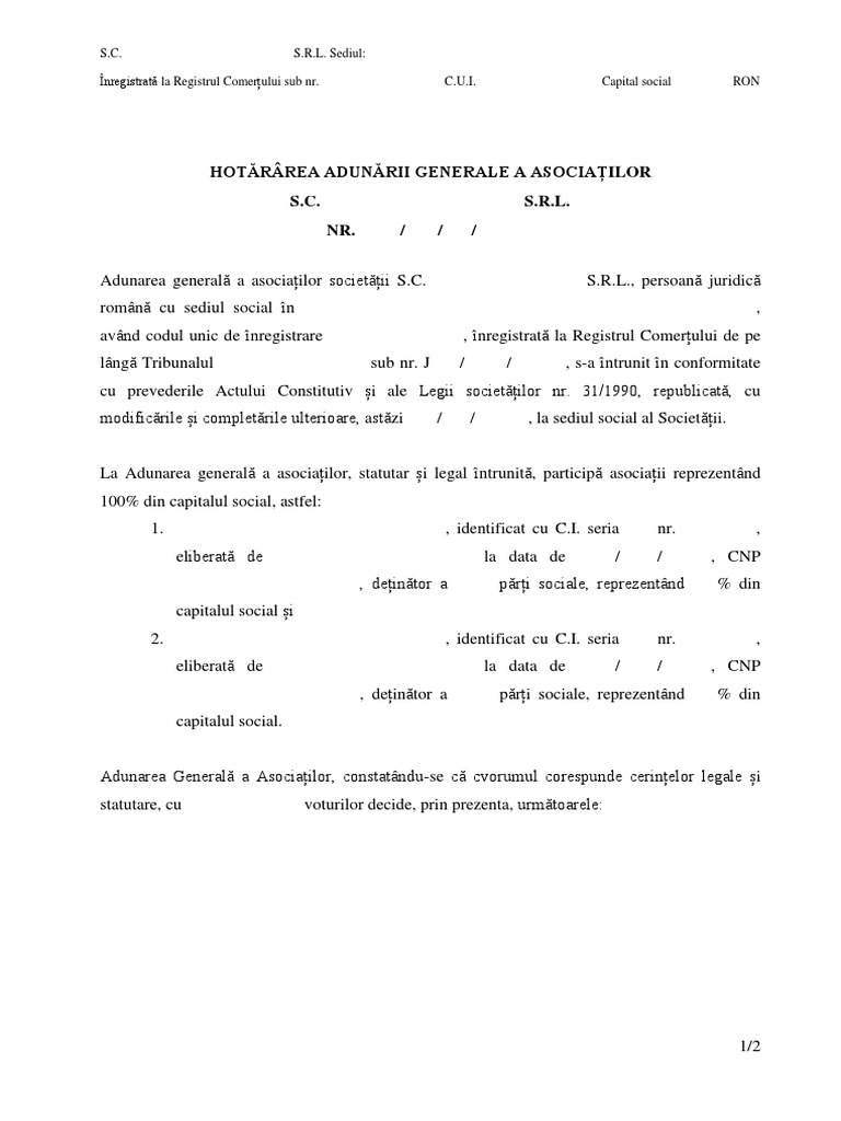 Model Hotararea AGA - SRL 2 Asociati | PDF
