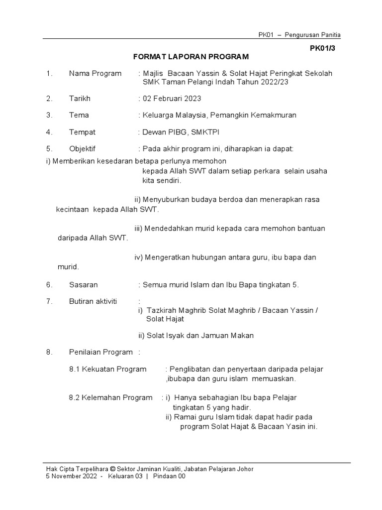 Laporan Program Solat Hajat & Yasin SPM 2022 | PDF