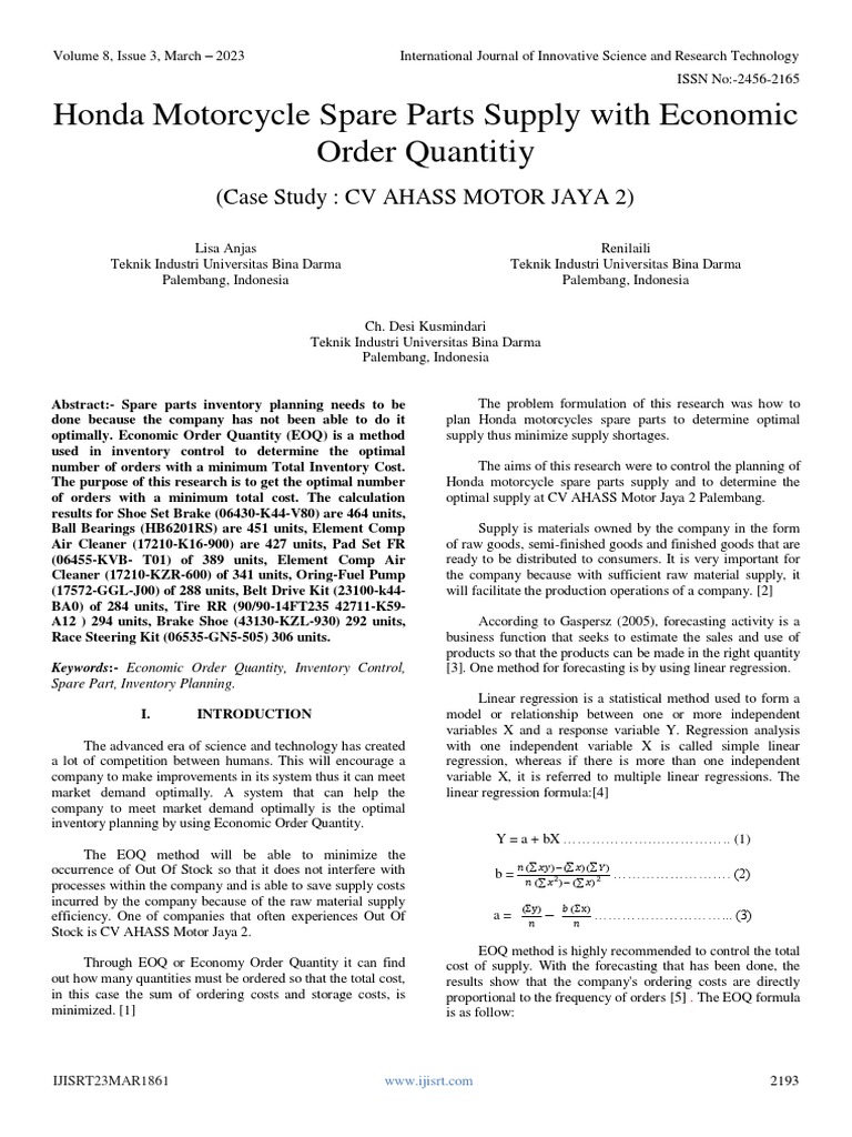 Honda Motorcycle Spare Parts Supply With Economic Order Quantitiy (Case Study: CV AHASS MOTOR ...