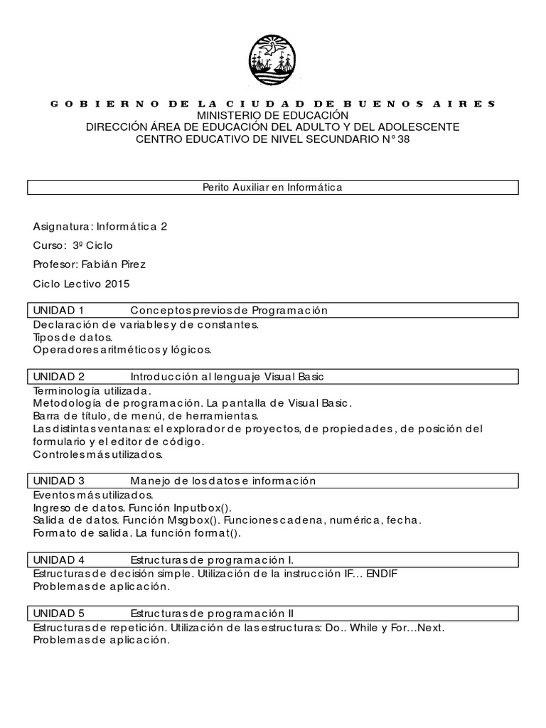 PROGRAMA ANALÍTICO Informatica 2 - CENS 38 | PDF