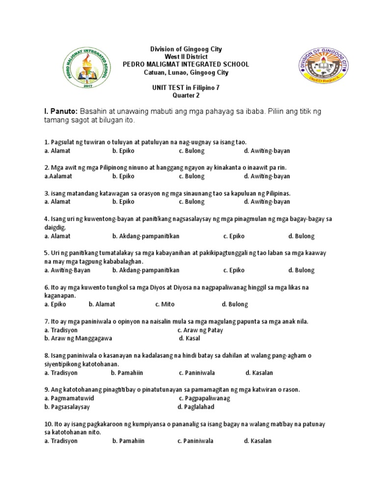 TOS Question Grade 7 | PDF