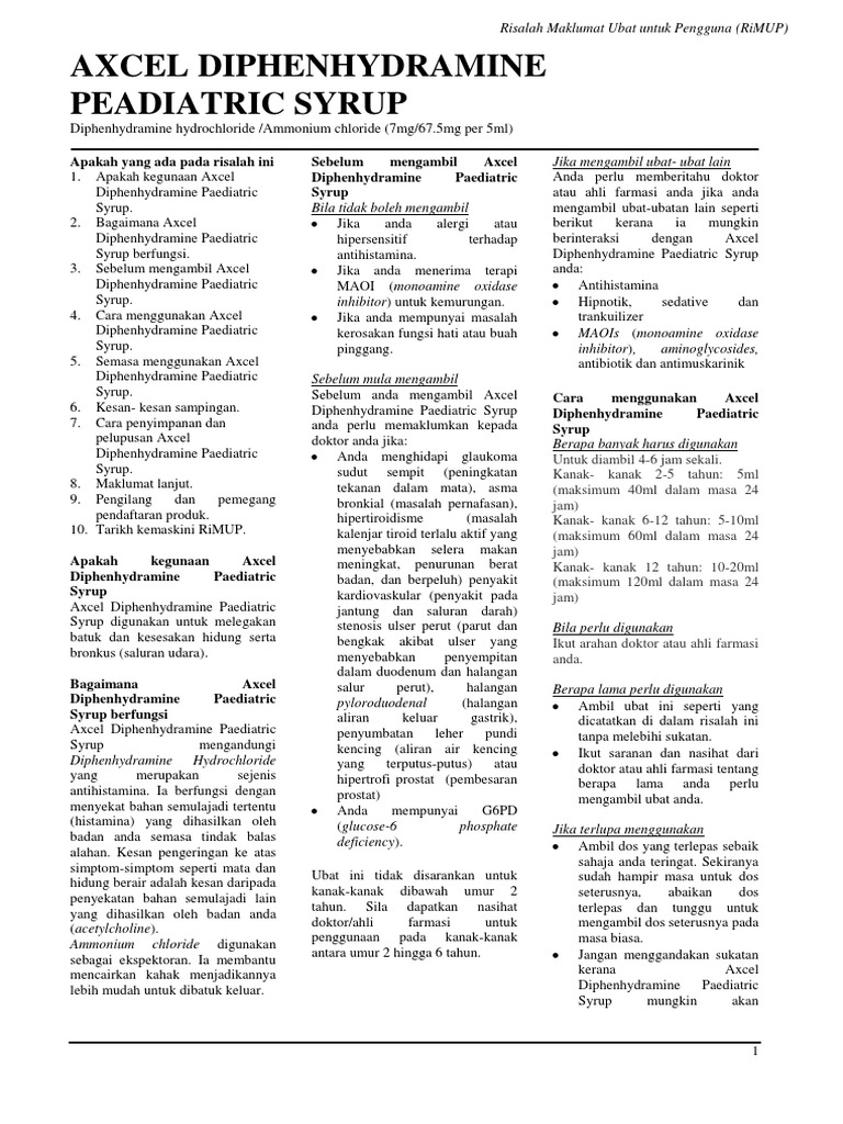 Axcel Diphenhydramine Paediatric Syrup Diphenhydramine Ammonium Chloride Kotra Pharma 4jan2016 ...