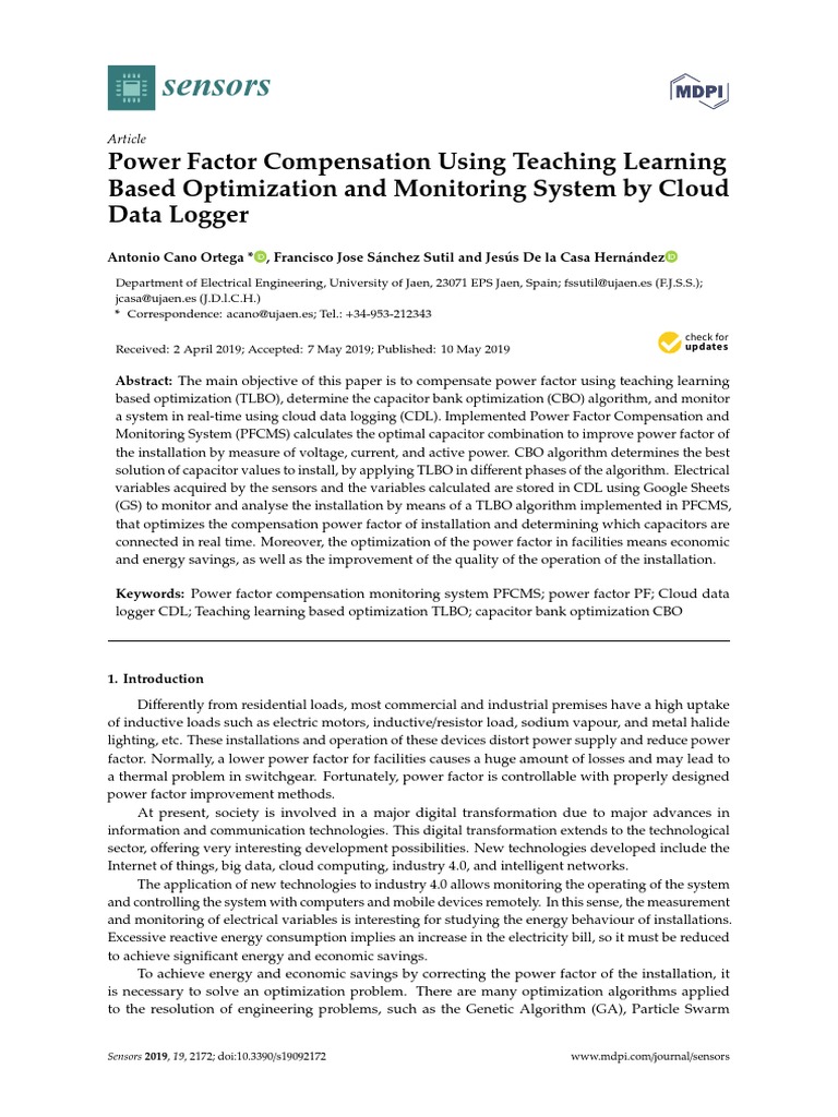 Sensors: Power Factor Compensation Using Teaching Learning Based Optimization and Monitoring ...