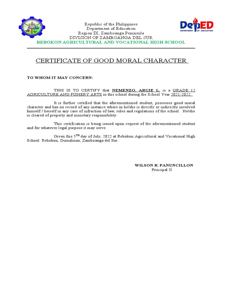 RAVHS Good Moral Character | PDF