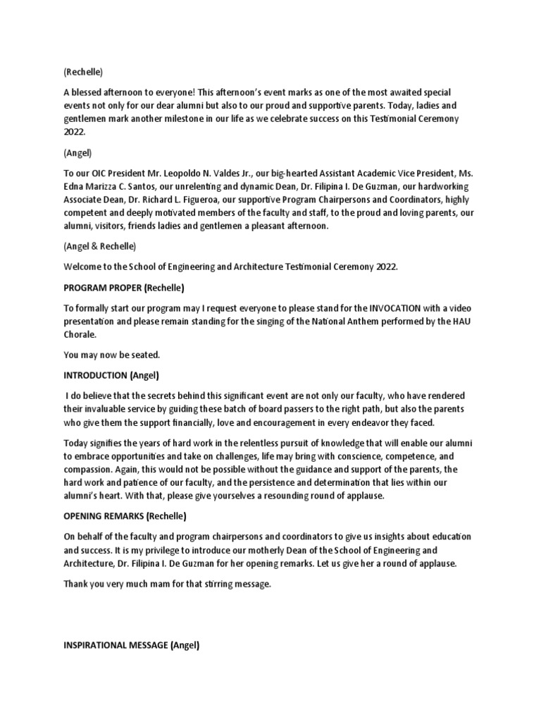 Testimonial Dinner Script 2023 | PDF