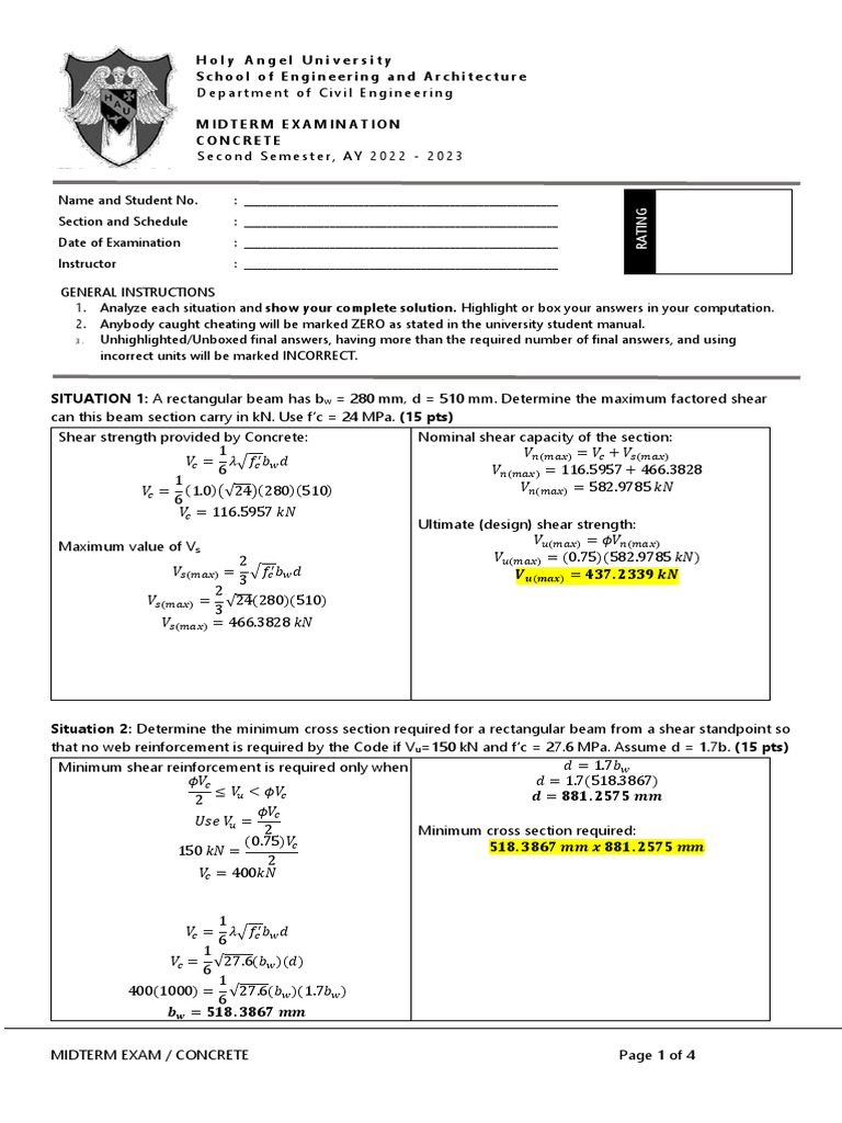 Reinforced Concrete Midterm Exam Anskey | PDF | Beam (Structure) | Classical Mechanics