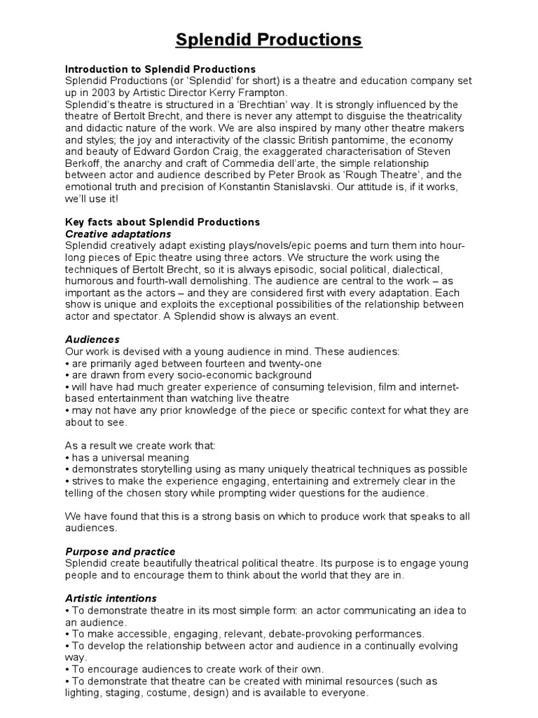 Splendid Productions: Engaging Theatre for Youth | PDF | Theatre ...