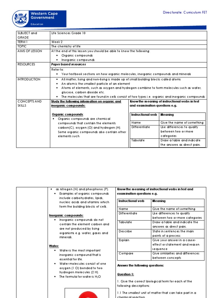 Life Sciences Grade 10 Term 1 Week 2 - 2021 | PDF | Nutrients | Organic ...