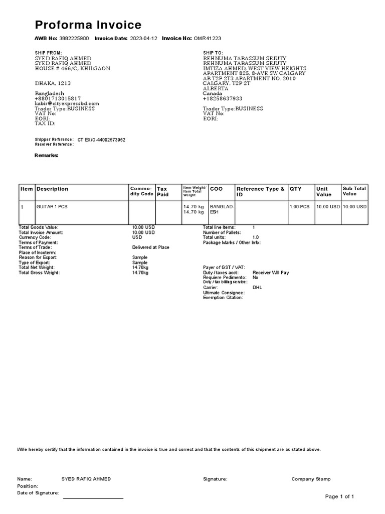 Proforma Invoice Template for Guitar Shipment | PDF | Value Added Tax ...