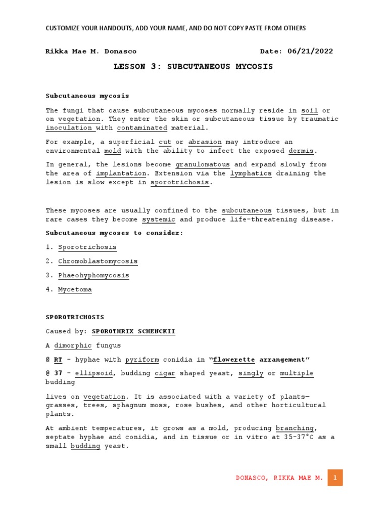 LESSON 3 SUBCUTANEOUS MYCOSIS - Donasco | PDF | Fungus | Infection
