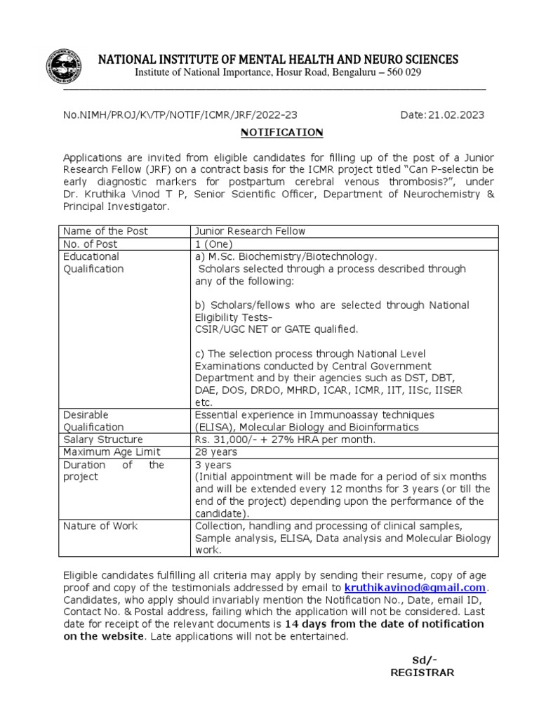 DR Kruthika Vinod Notification For JRF Post | PDF