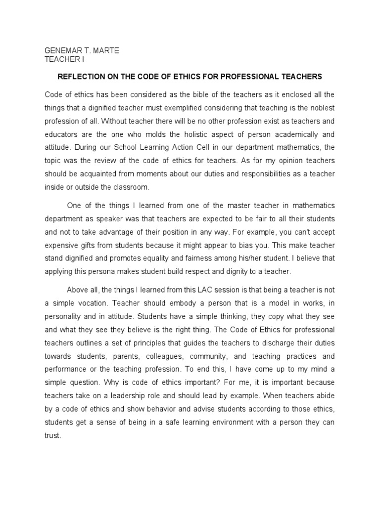 Reflection On Code of Ethics | PDF | Teachers | Bias