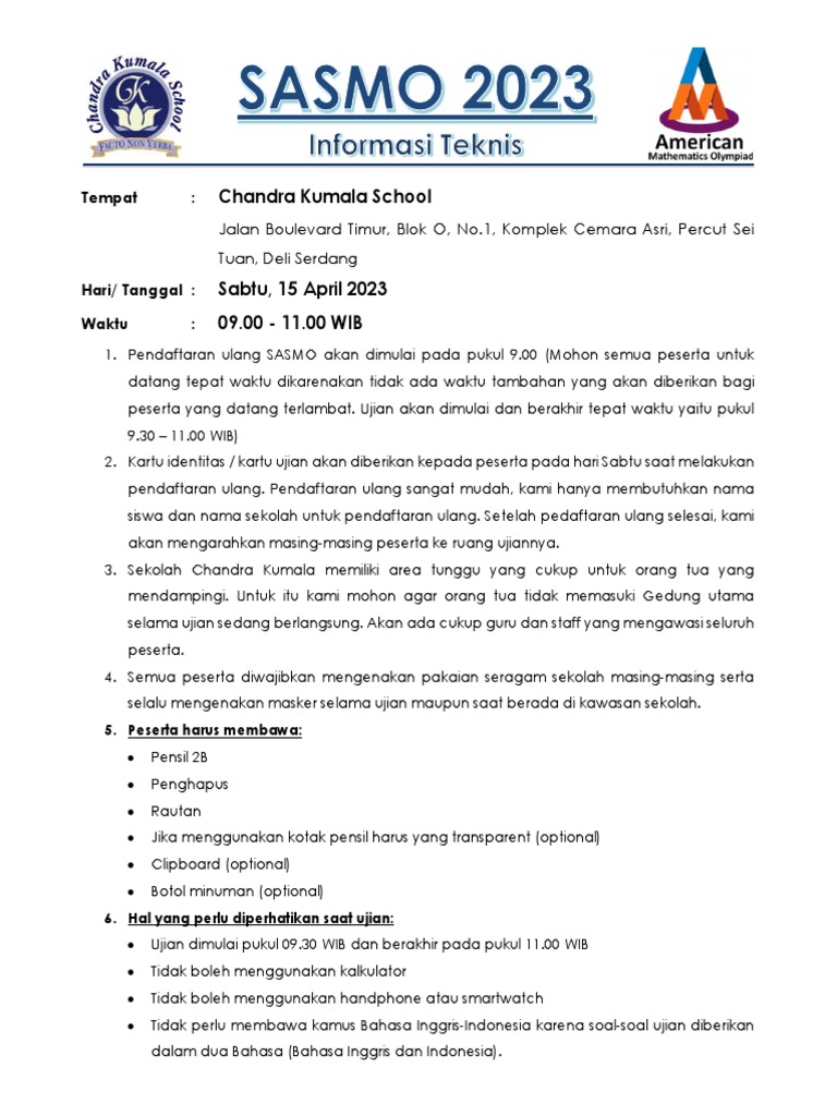 Chandra Kumala School SASMO Registration Deadline | PDF