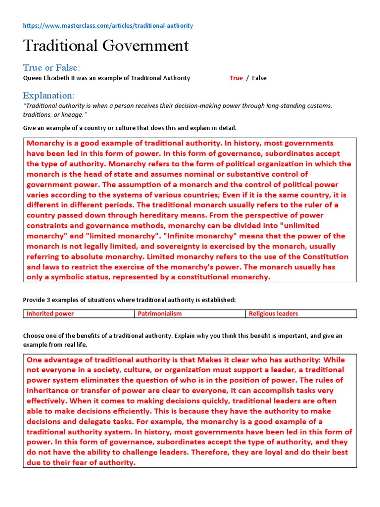 Albert's Traditional Government Assignment | PDF | Monarchy | Cultural ...