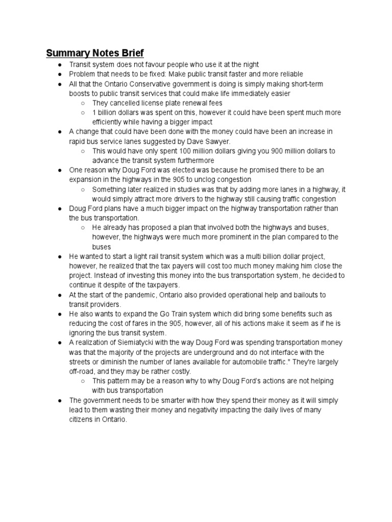 Summary Notes Brief | PDF | Public Transport | Highway